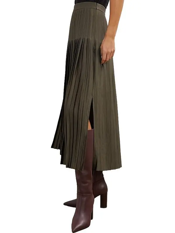 REISS Pleated Midi Skirt - Khaki Gree