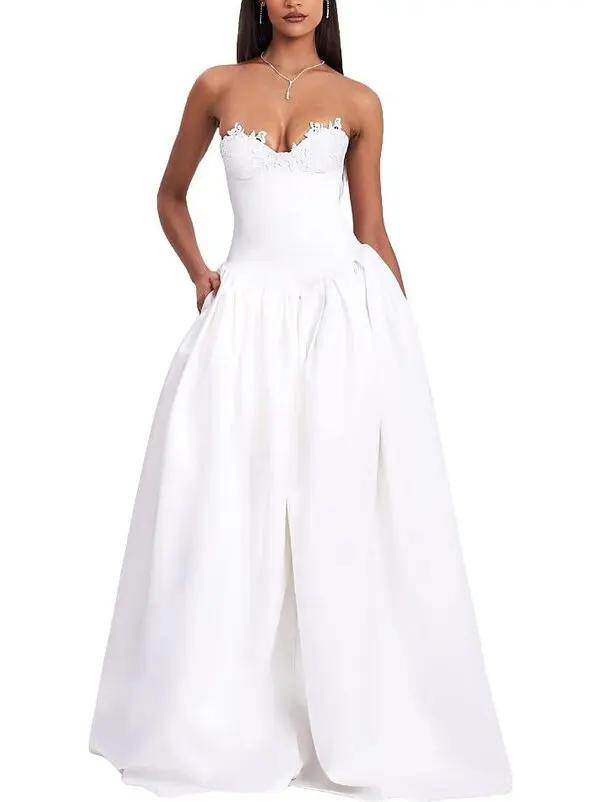 MISS CIRCLE Naila Lace Trim Strapless Drop Waist Gown - White
