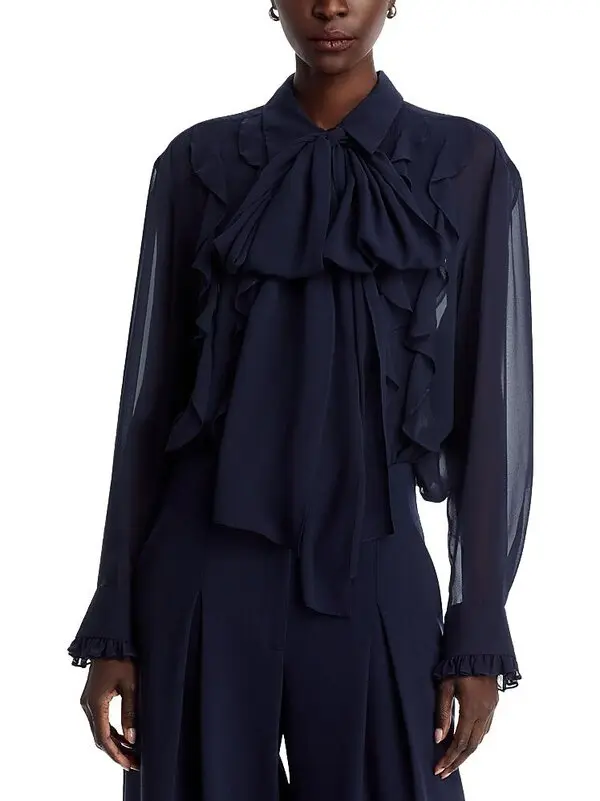 Lafayette 148 New York Neck Tie Ruffle Silk Shirt - Ink