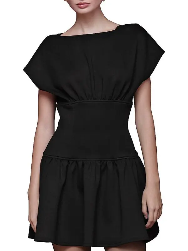 Avec Les Filles Boat Neck Drop Waist Mini Dress - Black