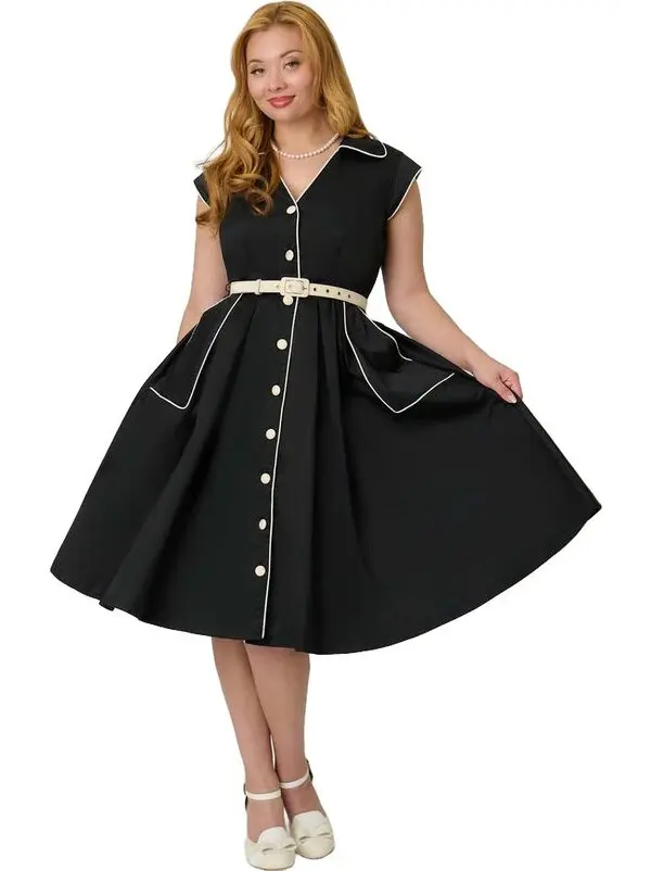 Unique Vintage Swing Shirt Dress - Black & White Trim