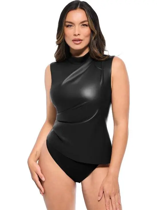 POPILUSH Sculpting 3-in-1 Faux Leather Bodysuit - Classic Black
