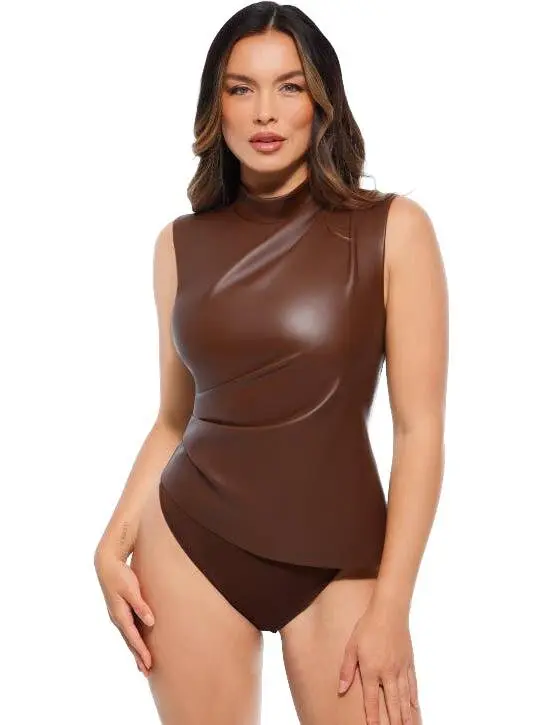 POPILUSH Sculpting 3-in-1 Faux Leather Bodysuit - Saddle Brown