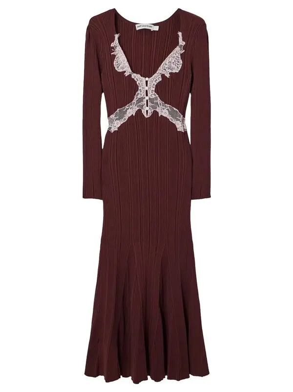 SELF-PORTRAIT Lace-trimmed Ribbed-knit Midi Dress - Brown