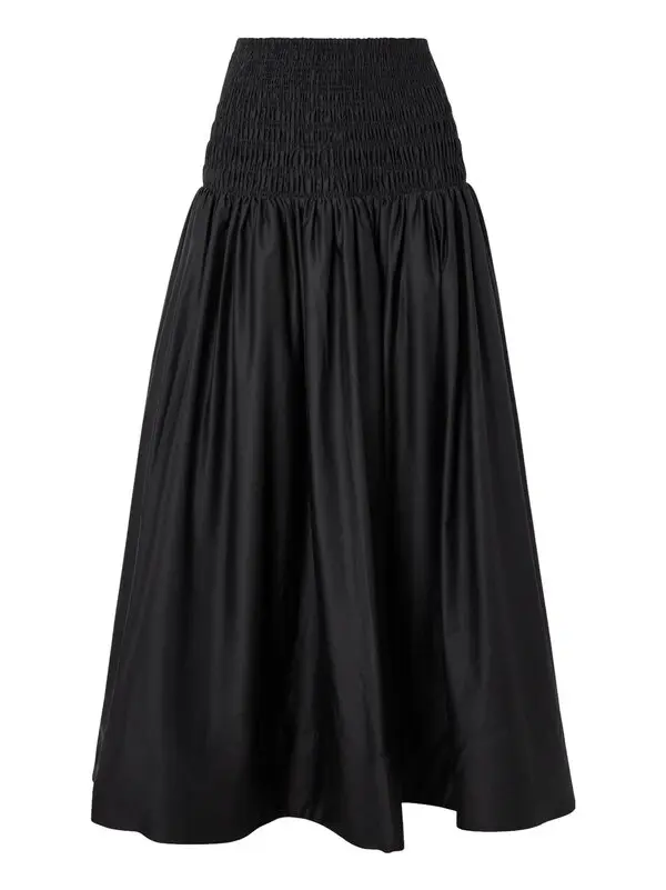 SELF-PORTRAIT Shirred Cotton-sateen Midi Skirt - Black