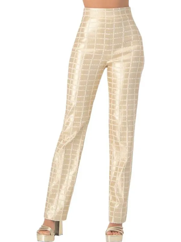 IVONNE High-waisted Metallic Check Straight-leg Pants - Gold