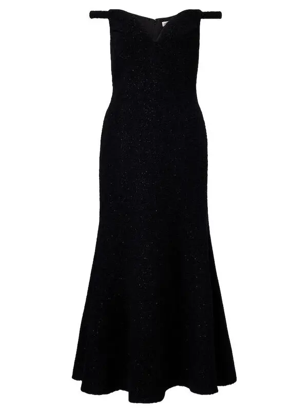 SELF-PORTRAIT Off-shoulder Bouclé Midi Dress - Black