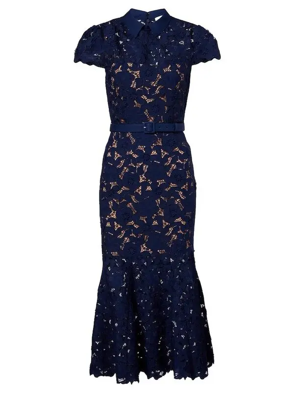 SELF-PORTRAIT Belted Lace Midi Dress - Blue