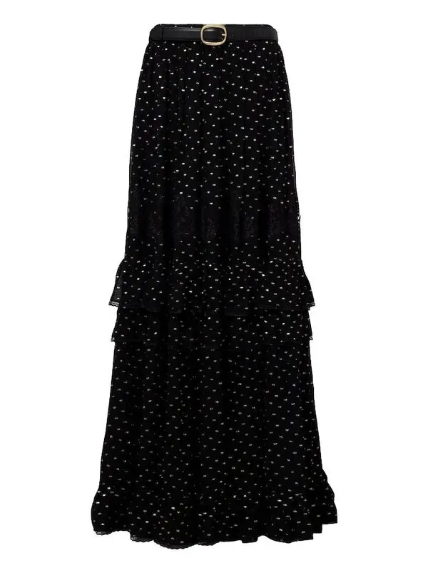 SELF-PORTRAIT Lace-trimmed Polka-dot Chiffon Maxi Skirt - Black