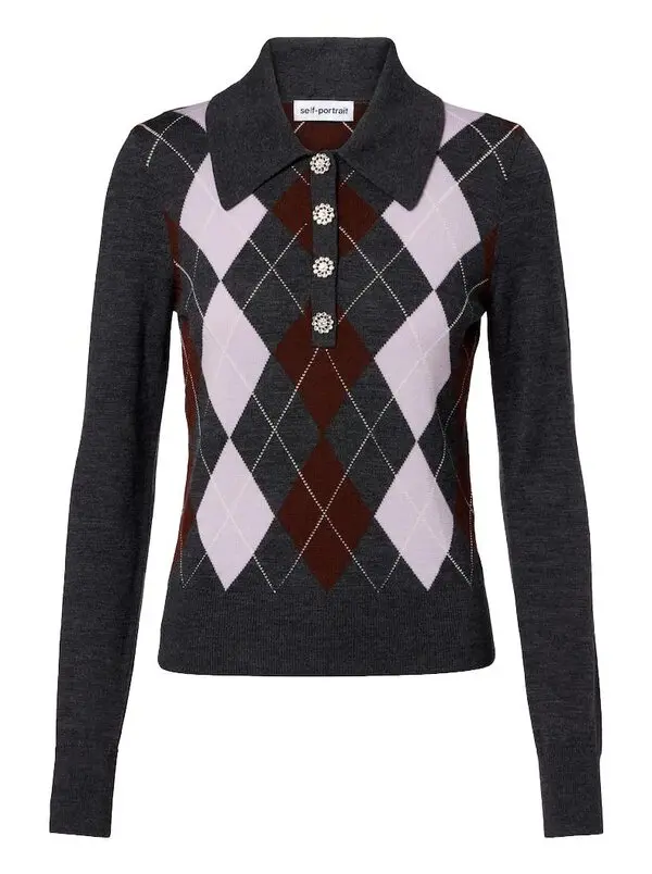 SELF-PORTRAIT Argyle Wool Polo Sweater - Grey