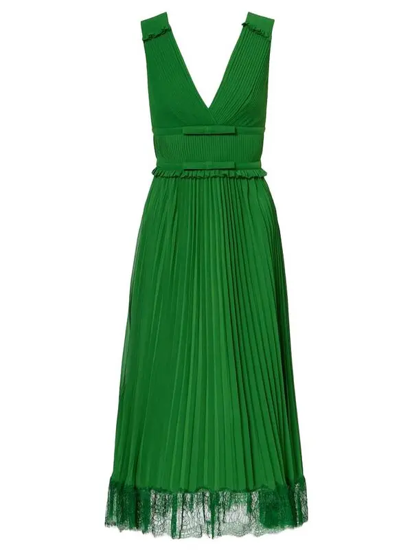 SELF-PORTRAIT Lace-trimmed Plissé Chiffon Midi Dress - Green
