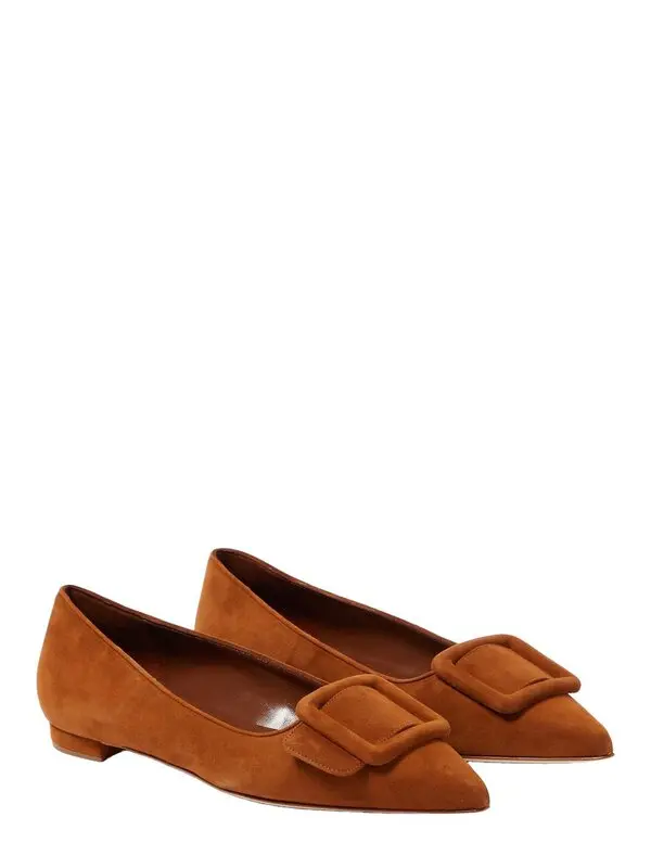 Manolo Blahnik Maysale Suede Pointed Toe Ballet Flats - Brown