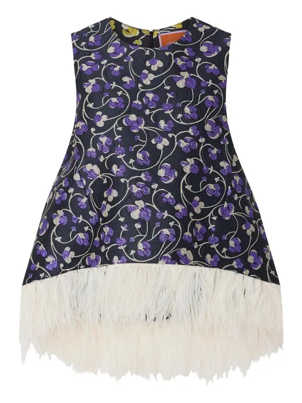 La DoubleJ La Scala Asymmetric Feather-trimmed Metallic Jacquard Top - Purple