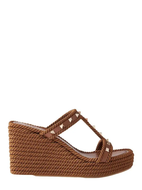 Valentino Garavani Rockstud Leather Wedge Mules - Brown