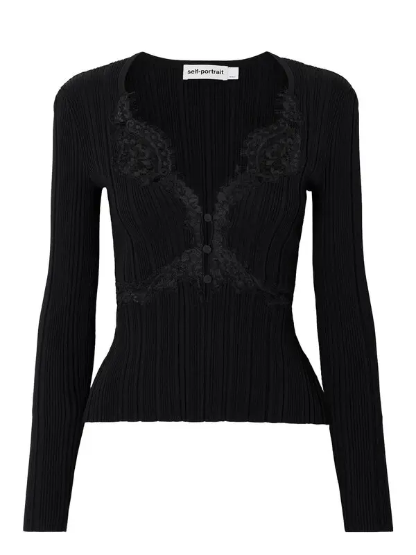 SELF-PORTRAIT Lace-trimmed Ribbed-knit Top - Black