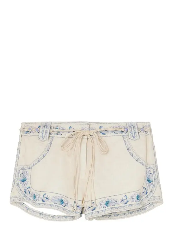 Zimmermann Belted Printed Linen Shorts - Blue