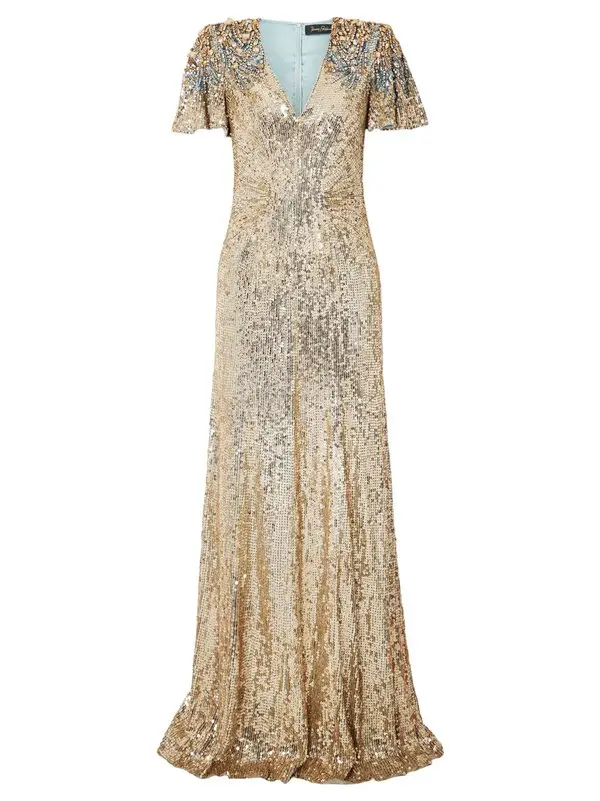 Jenny Packham Manon Embellished Mesh Gown - Blue