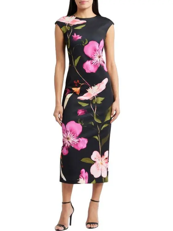 Vince Camuto Floral Cap Sleeve Sheath Midi Dress - Black