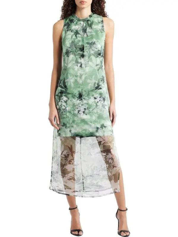 Vince Camuto Floral Semisheer Organza Midi Dress - Navy/green Multi