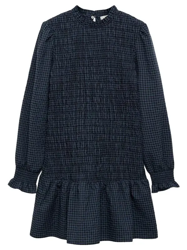Mango Smocked Plaid Long Sleeve Dress - Blue Black