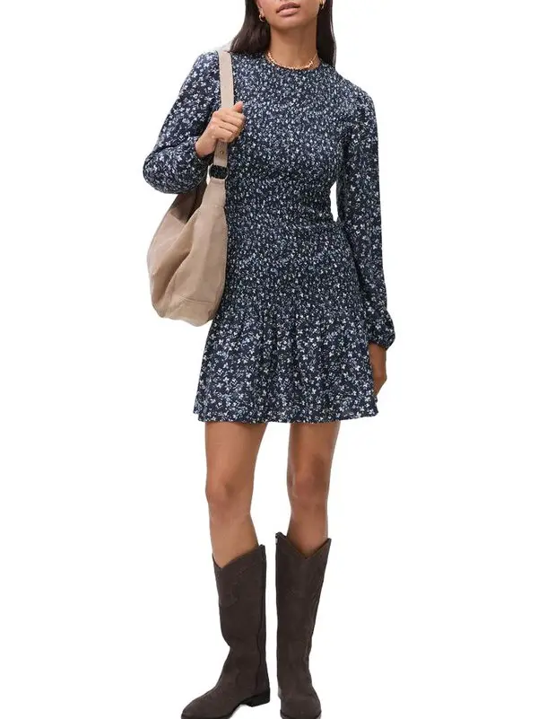 Mango Smocked Floral Long Sleeve Dress - Navy