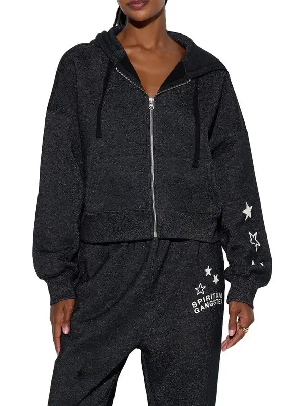 Spiritual Gangster Luna Shimmer Cotton Blend Zip Hoodie - Black