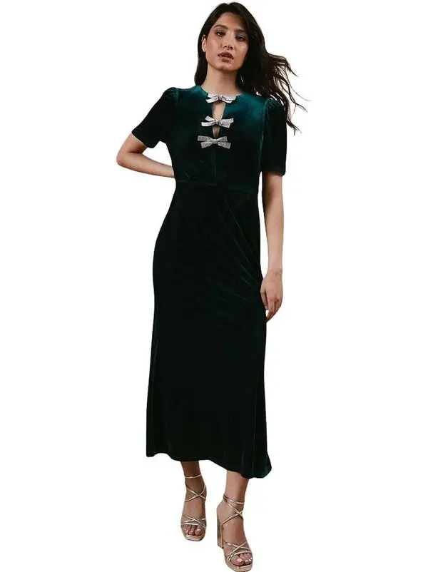 OASIS Velvet Diamante Bow Midaxi Dress - Emerald