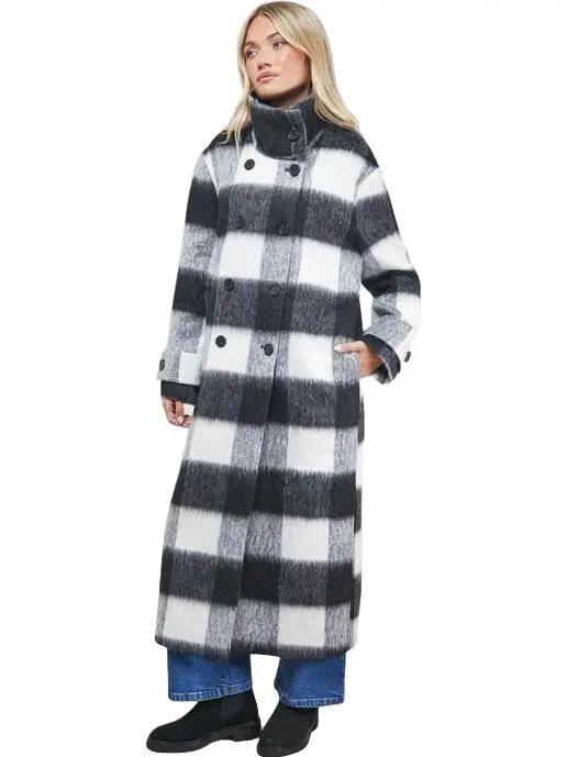 OASIS Brushed Check Funnel Neck Coat - Black