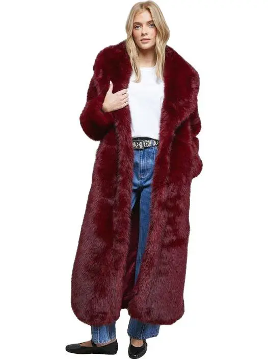 OASIS Maxi Faux Fur Plush Coat - Burgundy