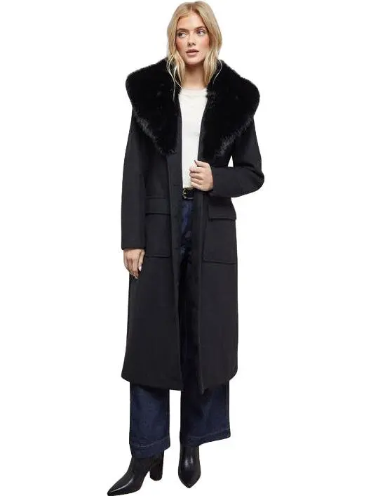 OASIS Belted Coat With Faux Fur Collar - Black