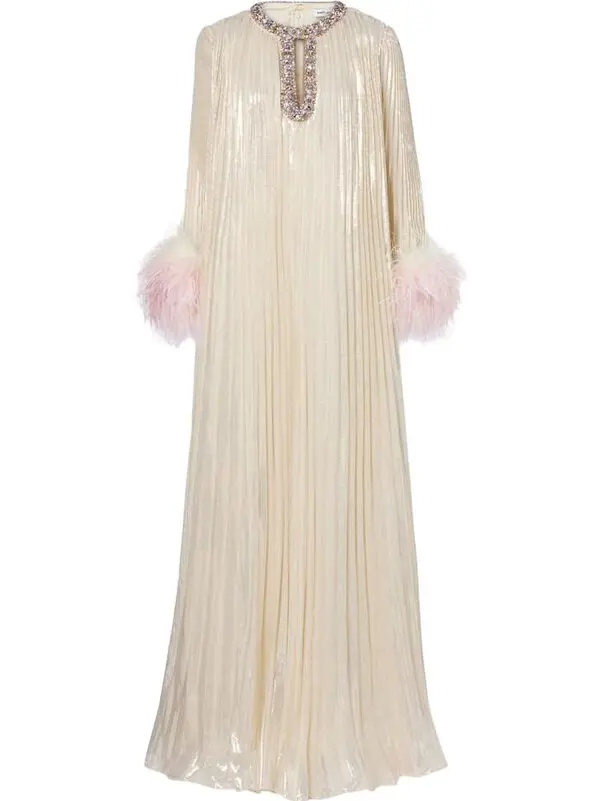 SELF-PORTRAIT Embellished Feather-trimmed Silk-blend Maxi Dress - Beige