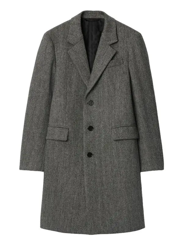 Burberry Herringbone Wool Tailored Coat - Asphalt Black/old Beige Grey