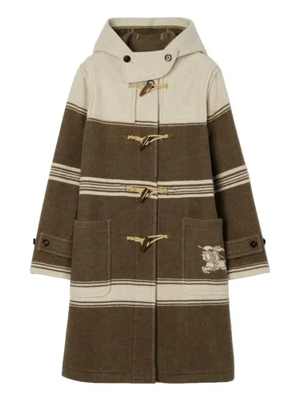 Burberry Striped Wool Cotton Blend Duffle Coat - Scout Green