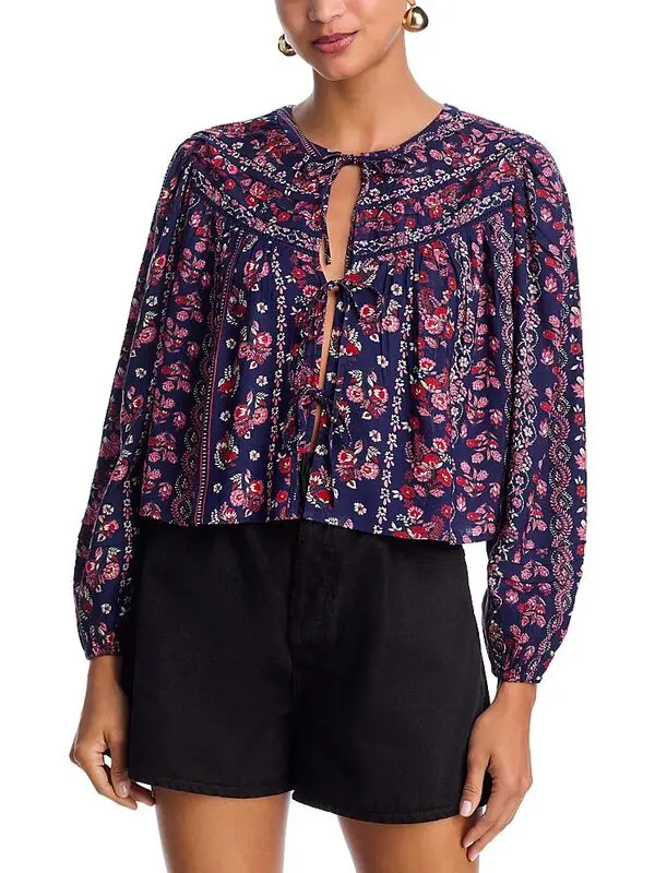 Aqua Paisley Tie-front Long-sleeve Top - Navy