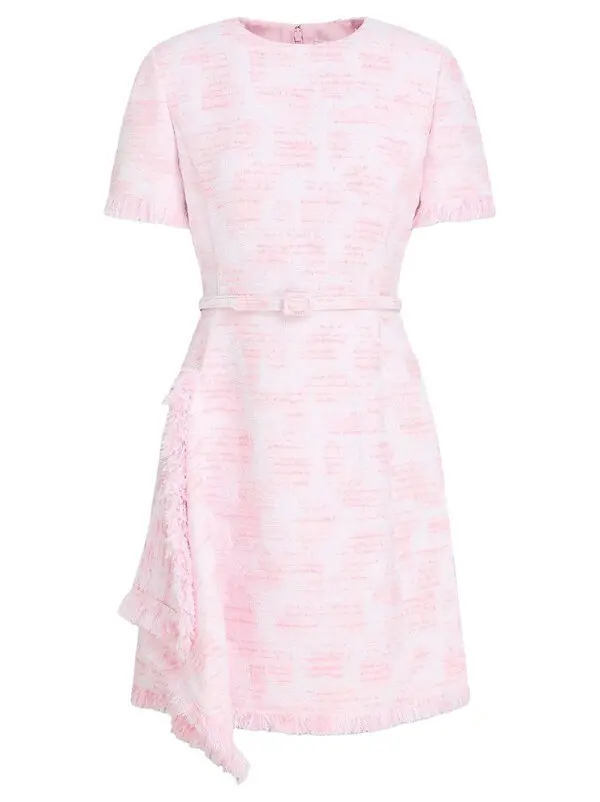 Oscar De La Renta Belted Fringed Tweed Mini Dress - Baby Pink