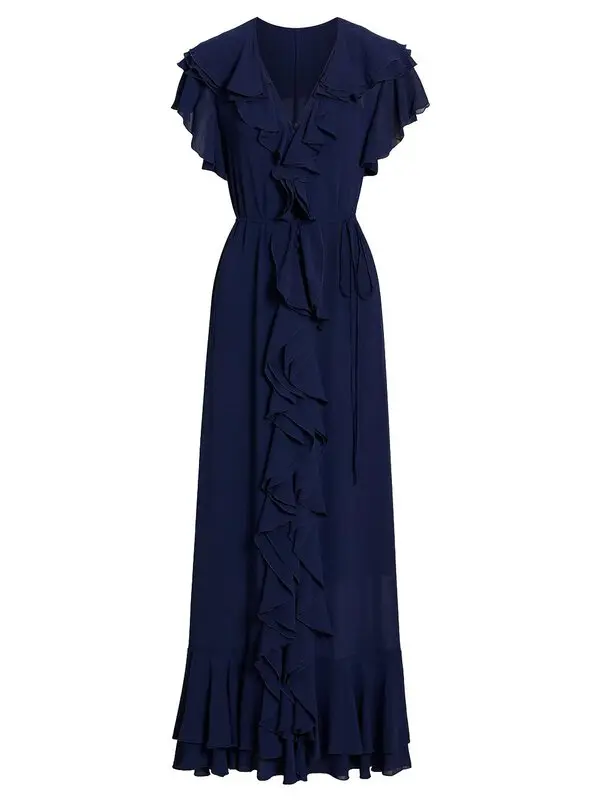 MIKAEL AGHAL Ruffled Crepe De Chine Maxi Dress - Navy