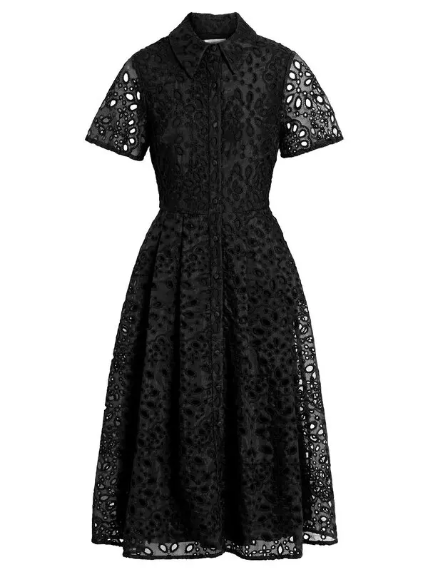 MIKAEL AGHAL Pleated Broderie Anglaise Organza Midi Shirt Dress - Black