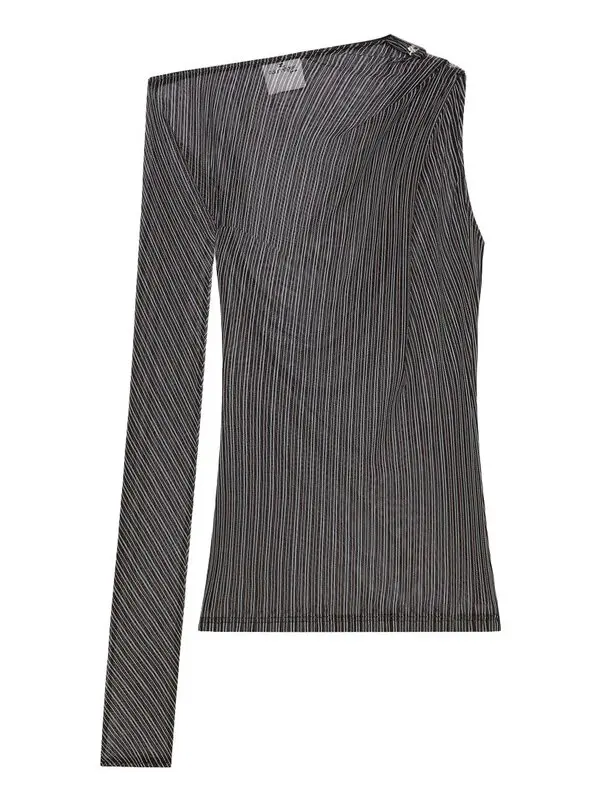 COURREGES One-shoulder Striped Mesh Top - Black And Ruby