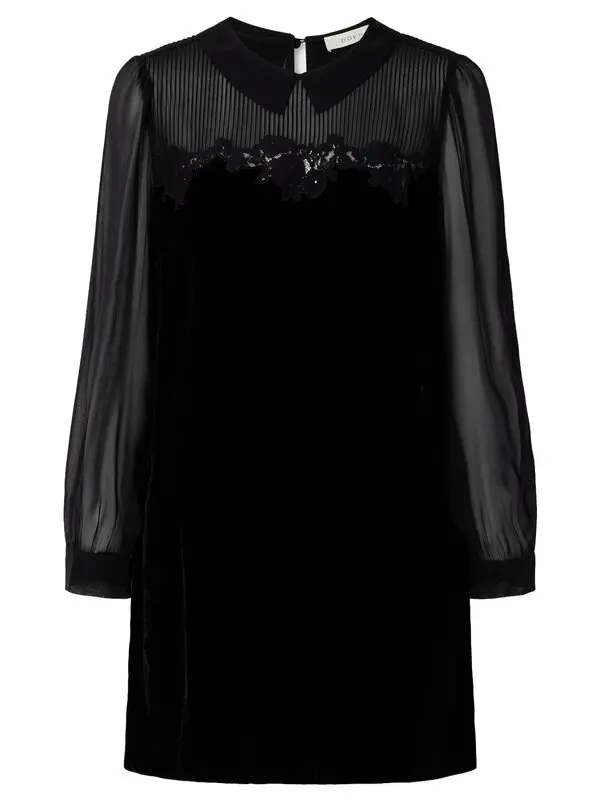 DÔEN Madelynne Corded Lace And Silk Chiffon-trimmed Velvet Mini Dress - Black