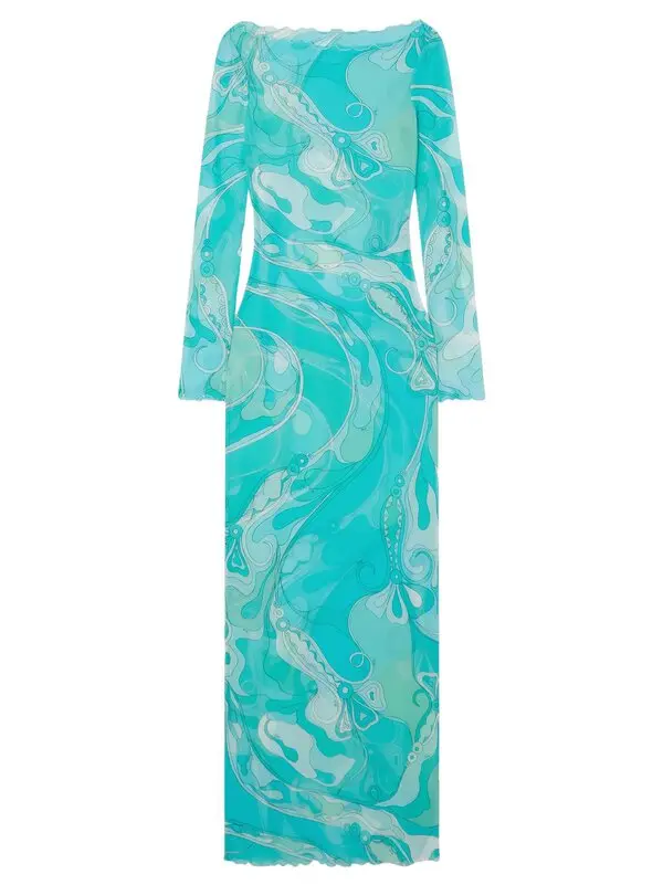 Emilio Pucci Ruffled Printed Tulle Maxi Dress - Blue
