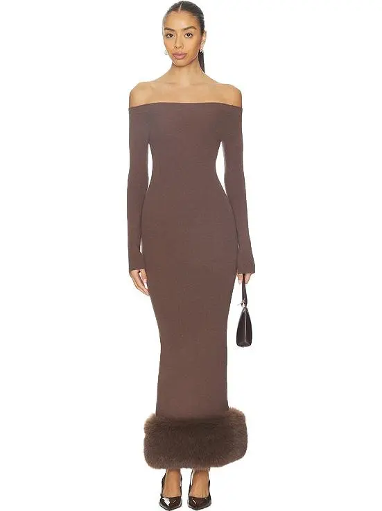 LOVERS AND FRIENDS Off-the-shoulder Faux Fur Hem Dress - Brown