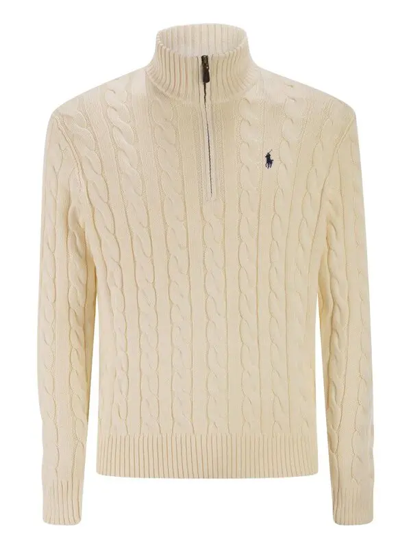 Polo Ralph Lauren Cotton Cable Knit Jumper With Zip Fastening - Beige
