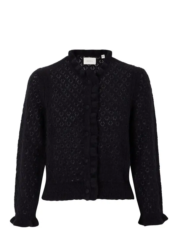 DÔEN Claudie Ruffled Pointelle-knit Alpaca And Wool-blend Cardigan - Black