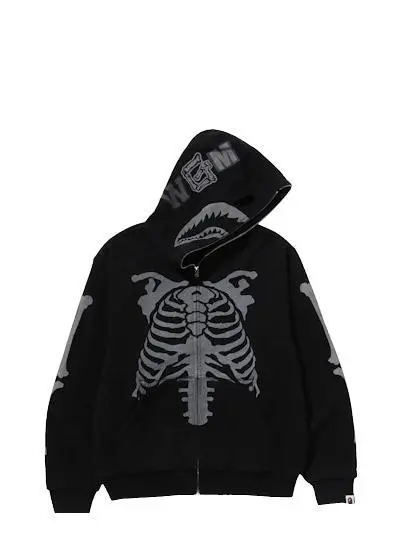 BAPE Skeleton Shark Heavy Washed Full Zip Hoodie - Black