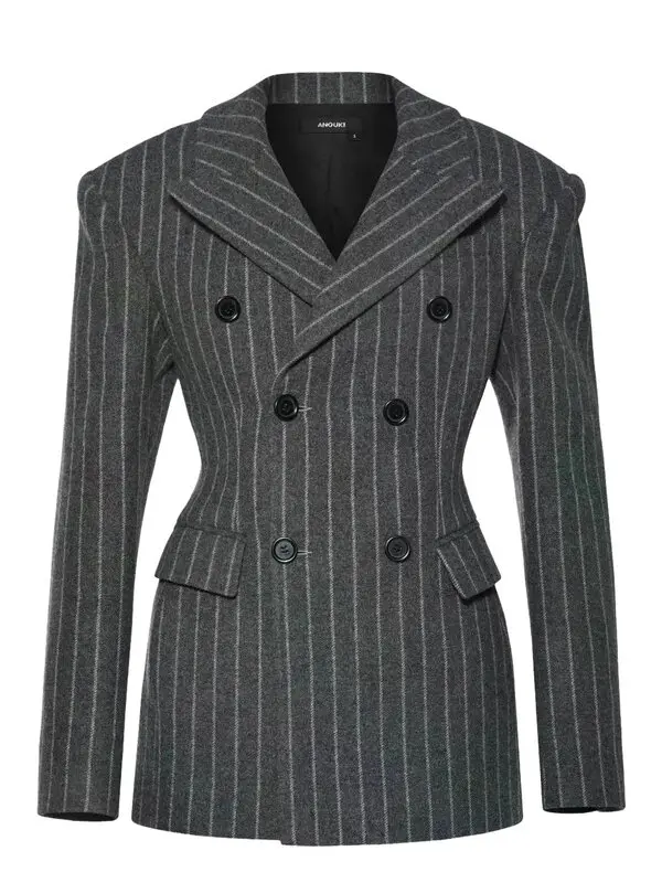 ANOUKI Double-breasted Striped Blazer - Grey