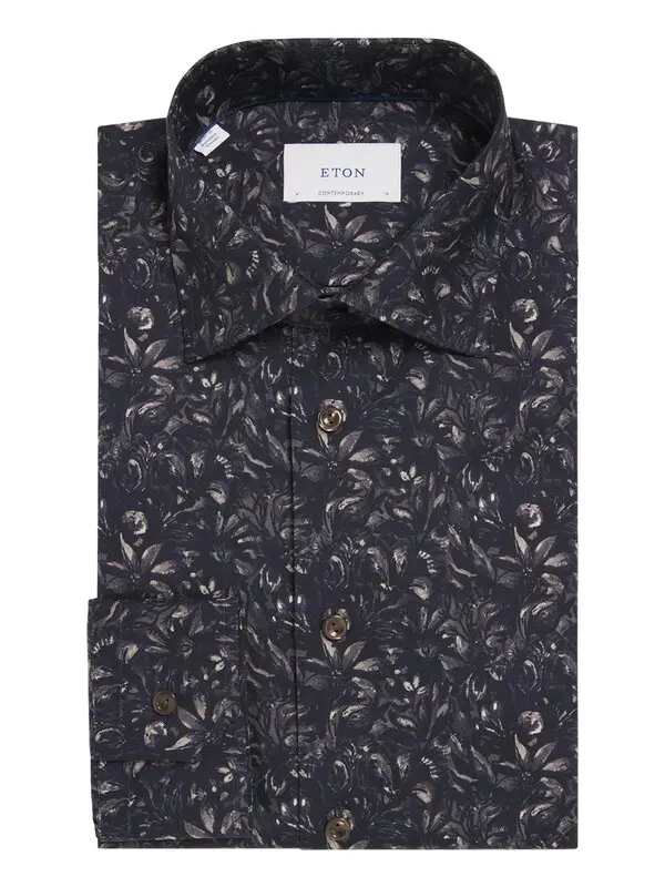 Eton Cotton Twill Floral Print Contemporary Fit Shirt - Brown