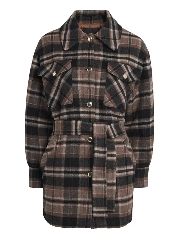 Maje Wool-blend Check Coat - Brown