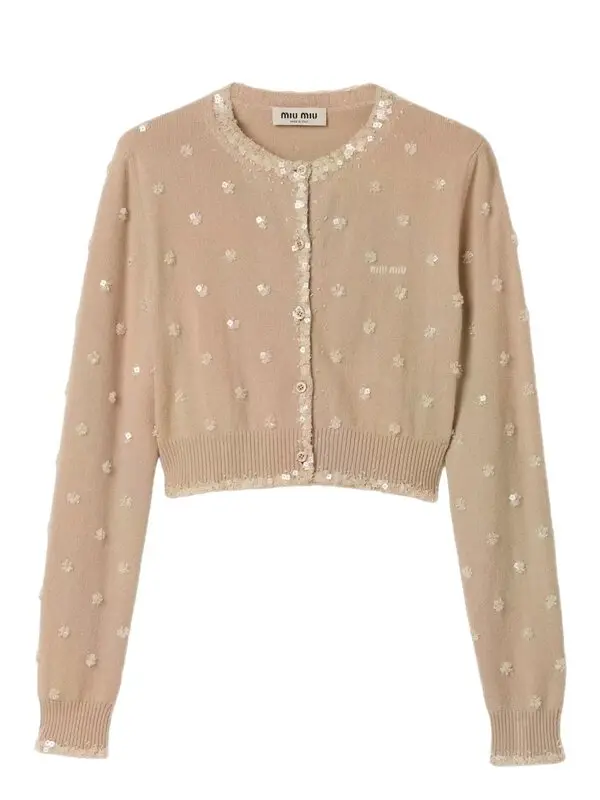 Miu Miu Embroidered-details Crew-neck Cardigan - Neutrals