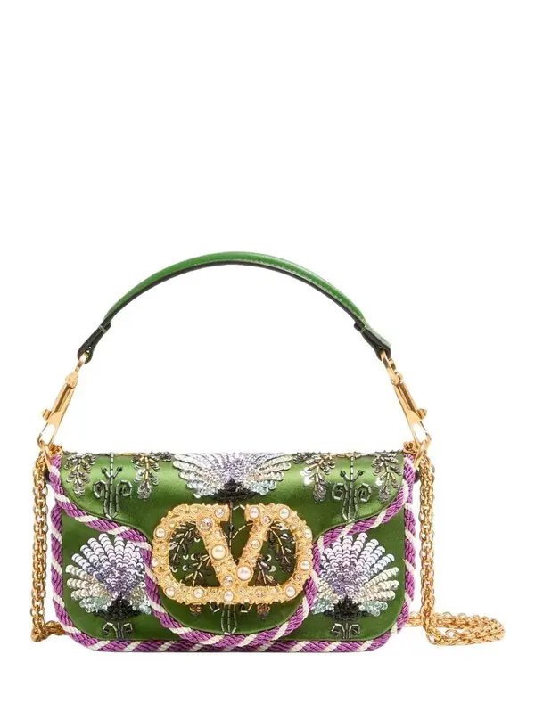 Valentino Garavani Locò Small Embroidered Shoulder Bag With Jewel Logo - Green