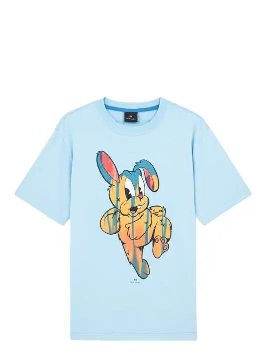 Paul Smith Pale Organic Cotton 'painted Rabbit' T-shirt - Blue